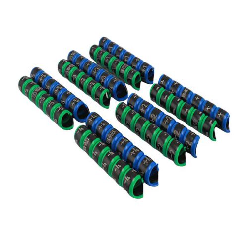 Hose identification tags with blue and green color coding.